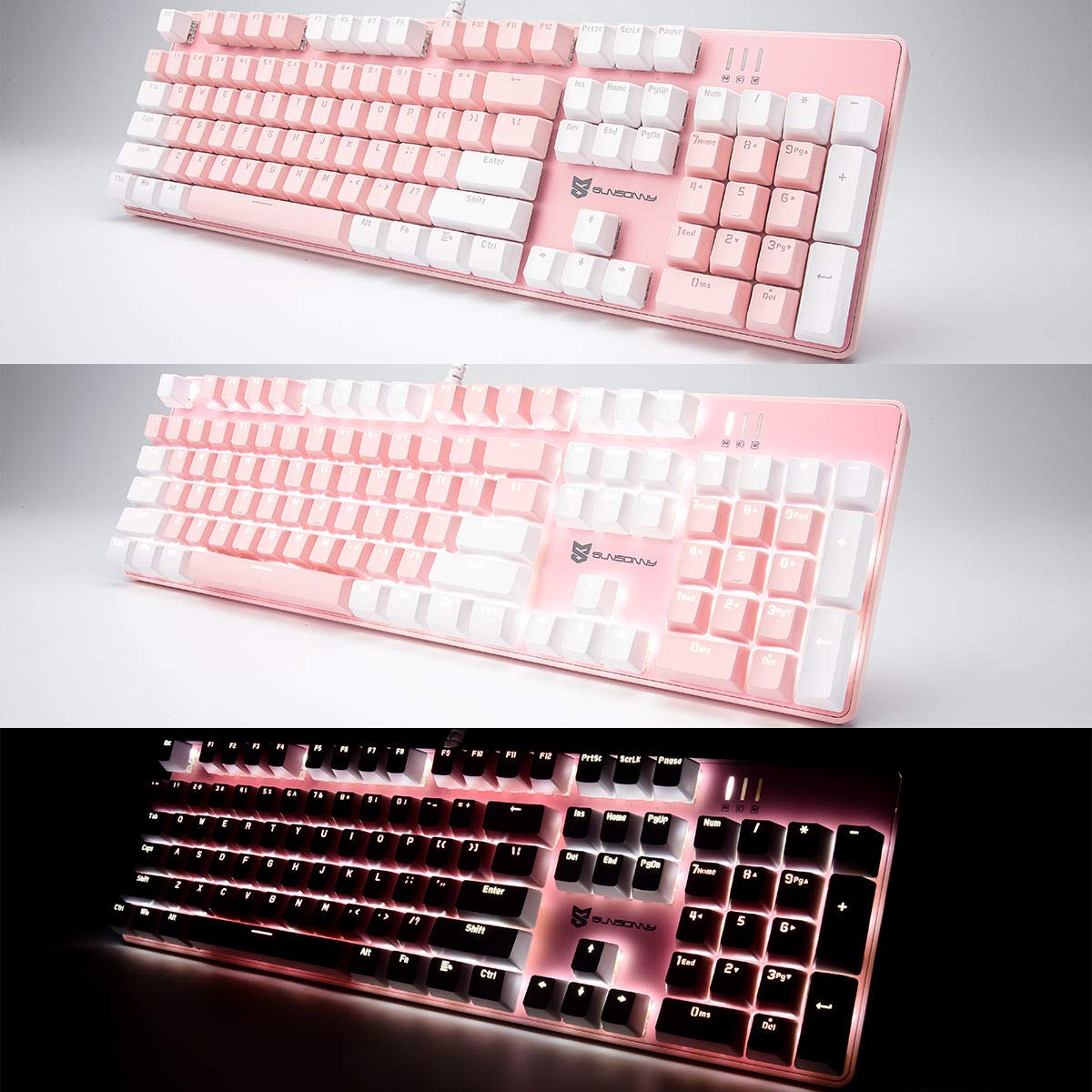 Merdia Mechanical Keyboard Gaming Keyboard | Blue Switch, Pink & White Color, White Backlit Keyboard | 104 Keys US Layout | Wired Gaming Keyboard | Hot Swappable Mechanical Keyboard | PC Keyboard