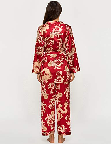 Escalier Women's Silk Satin Pajamas Set 3 Pcs Floral Silky Pj Sets Sleepwear Cami Nightwear with Robe and Pants Wine M