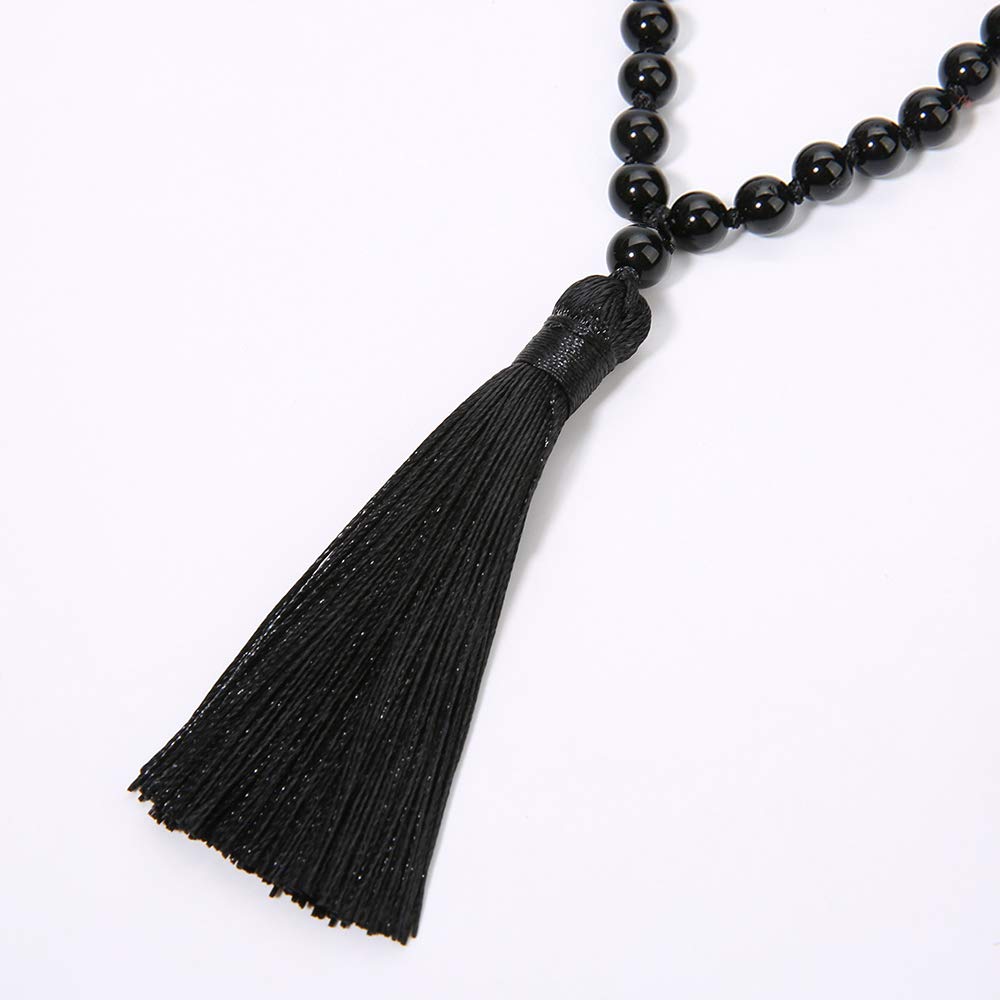 BALIBALI 8MM Beads Chakra Long Mala Necklace Natural Stone Meditation Statement Necklace Japa Yoga Rosary Prayer Charm Beaded Tassel Necklace (Black Agate)