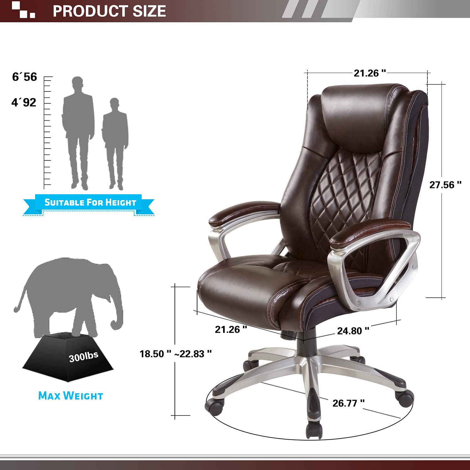 BOWTHY High Back Executive Office Chair 300lbs - Adjustable Built-in Lumbar Support, Ergonomic Leather Computer Desk Chair with Padded Armrest Swivel Chair for Home and Office (Brown)