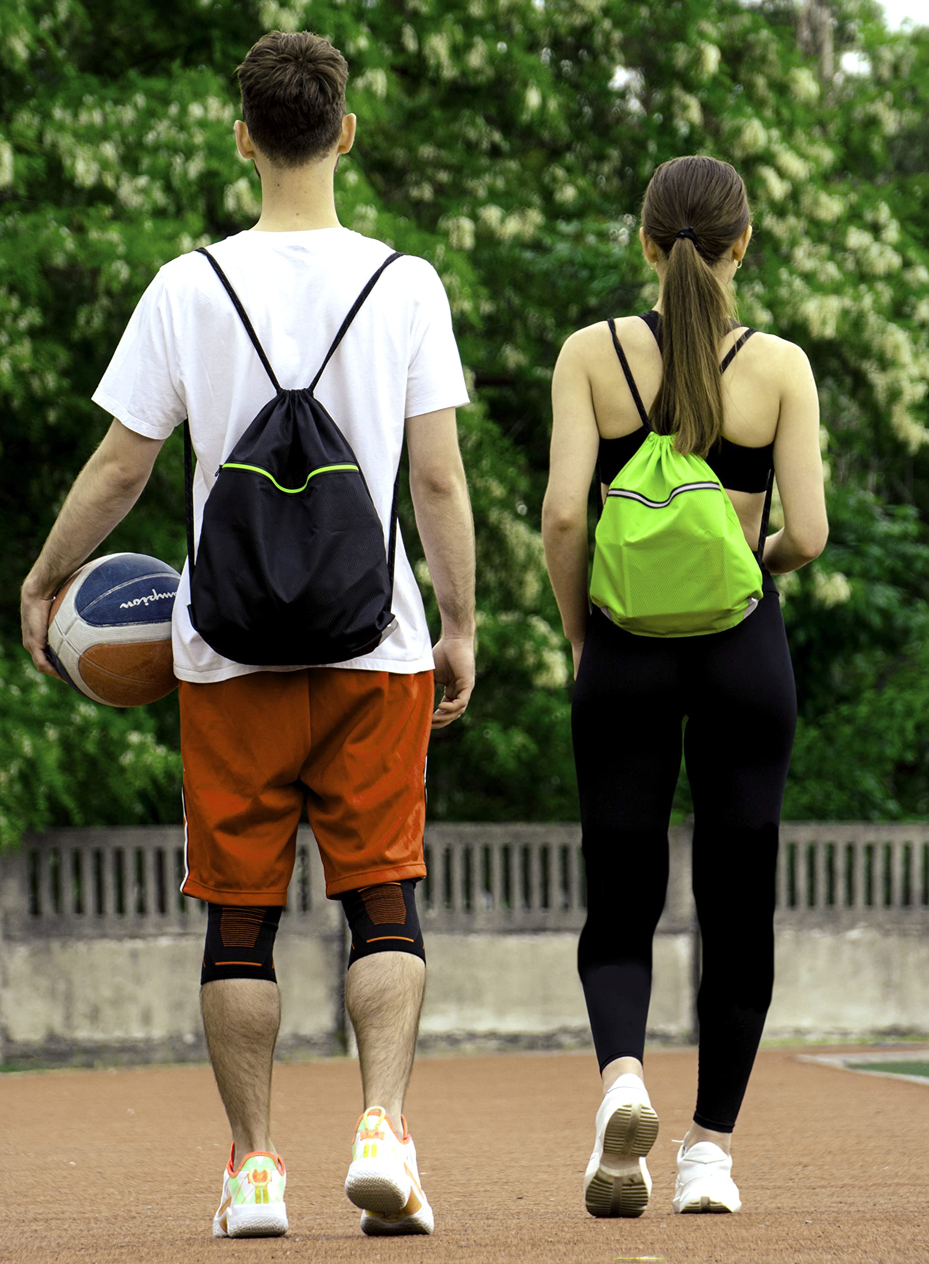aZengear Drawstring Bag (16x19” / 40x50cm) from Waterproof Recycled Polyester for Gym, PE, Sport, Swimming | Light Reflective Zip Pockets and String (Black)