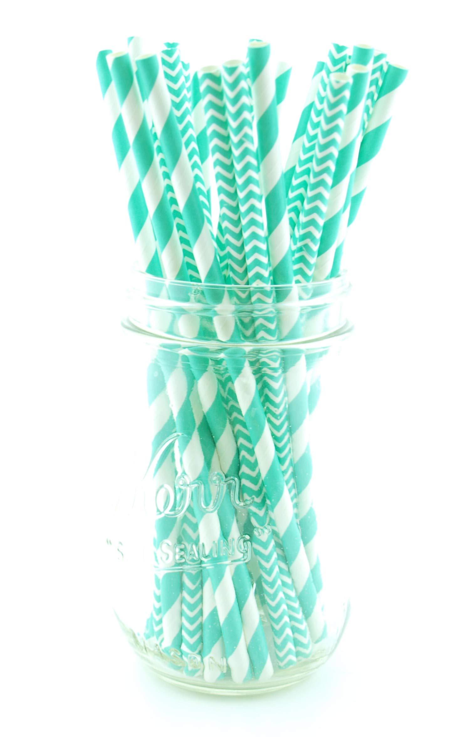 Blue Aqua Striped & Chevron Straws, Paper Drinking Straws, Dessert Table Wedding Party Straws (50 Pack) - Teal Aqua Blue Striped & Chevron Straws