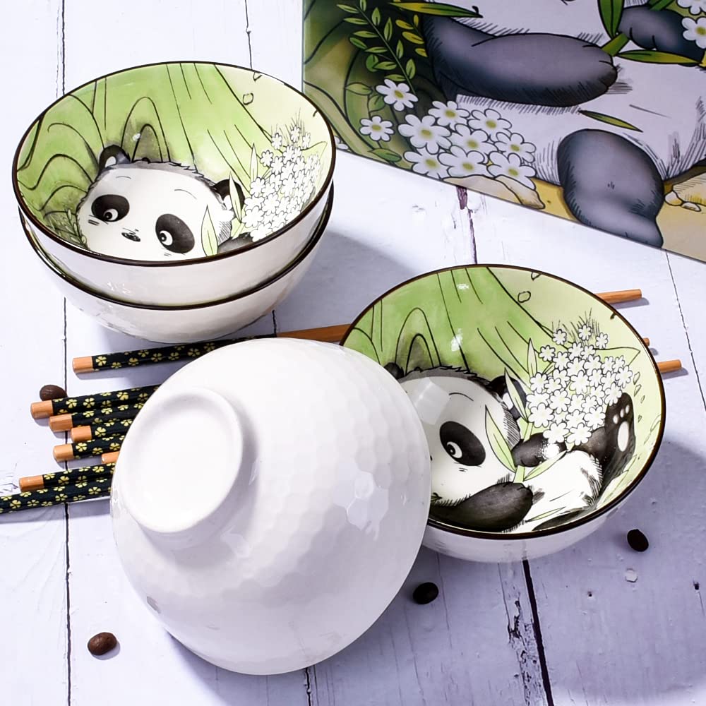 BOSILI Cute Panda Rice Bowls and Chopsticks set, Ceramic Rice Bowls for Dessert Soup Rice As A Good Gift (4 pieces)