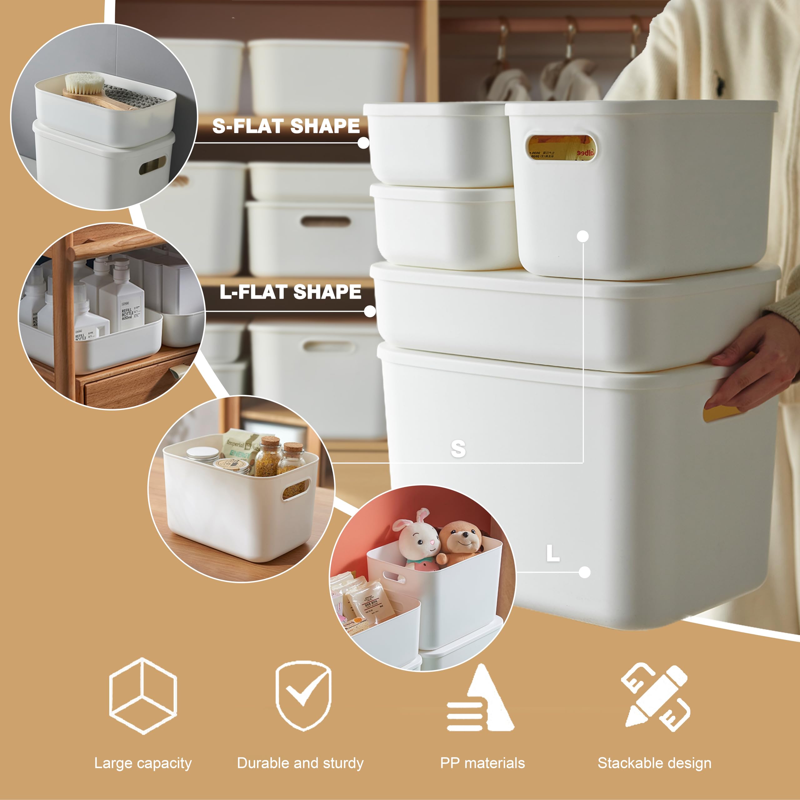 WINWOL S White Bins for Organizing - Plastic Storage Baskets for Shelves,Organizer Bin Large,For Home and Office Use,Efficient Storage Bin for All Needs (S)