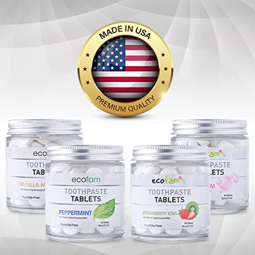 Ecofam Kids Toothpaste Chewable Tablets - 90 Natural Xylitol Tabs - Zero Waste Glass Jar - Travel Friendly - Fluoride-Free -with Nano Hydroxyapatite -Vegan - Made in The USA (Bubble Gum)
