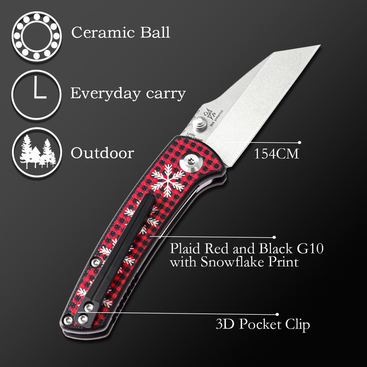 KANSEPT Mini Main Street Pocket EDC Pocket Knife 2.26'' 154CM Material Pocket Folding Knife withPlaid Red and Black G10 with Snowflake Print Handle EDC Box Opener Folding Knife T2015AC