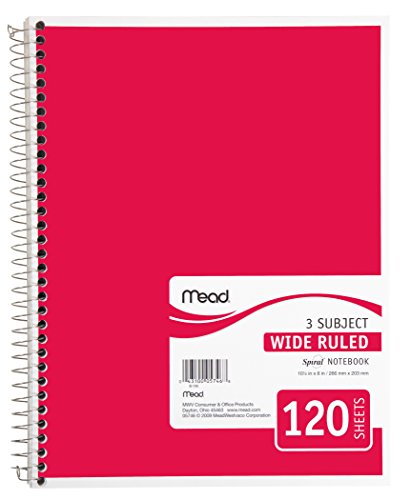 Mead Spiral Notebook, 3 Subject, Wide Ruled Paper, 120 Sheets, 10-1/2 x 7-1/2 inches, Color Selected For You (05746)