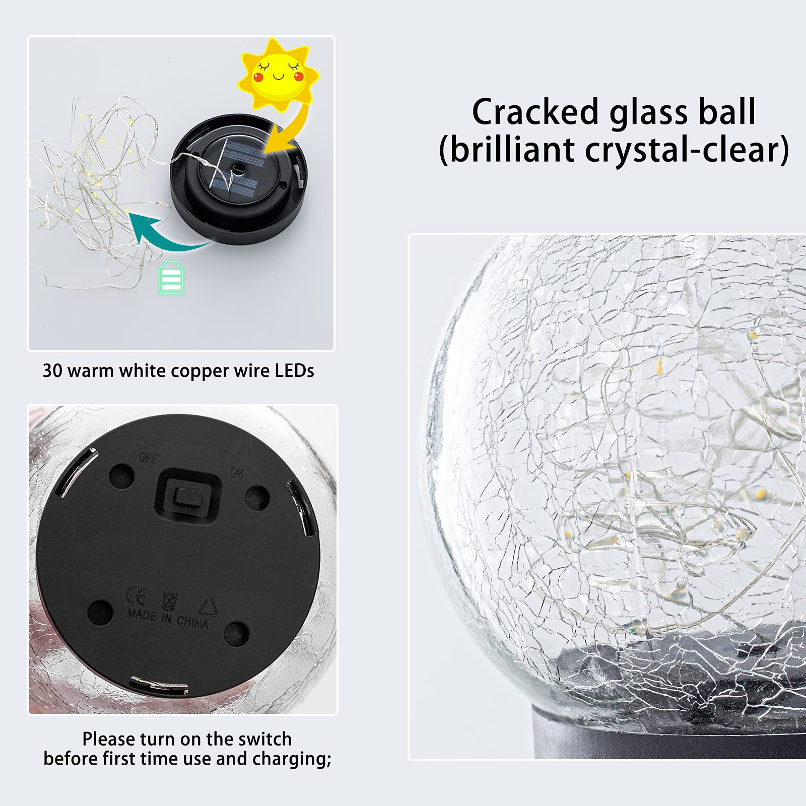 Darkdec Solar Globe Lights Outdoor Snail Garden Decor - 2 Pack Cracked Glass Solar Ball Lights Warm White Metal Snail Garden Lights Solar Powered Waterproof for Patio Yard Lawn