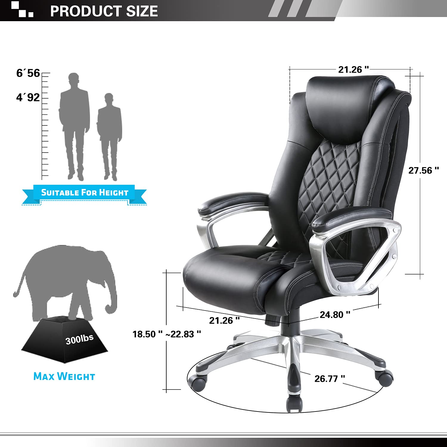 BOWTHY High Back Executive Office Chair 300lbs - Adjustable Built-in Lumbar Support, Ergonomic Leather Computer Desk Chair with Padded Armrest Swivel Chair for Home and Office (Black)
