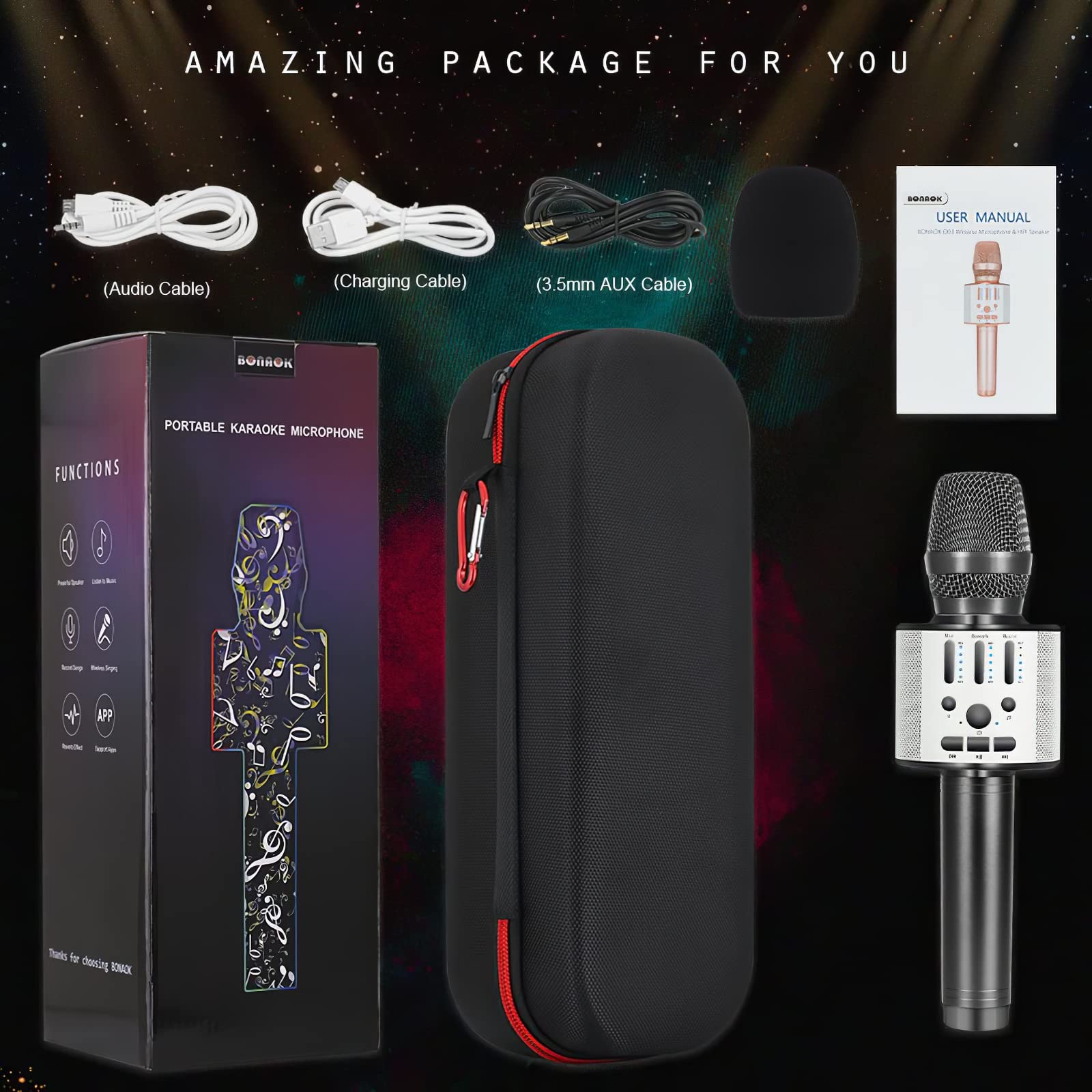 BONAOK Bluetooth Wireless Karaoke Microphone, Portable Rechargeable Karaoke Machine Speaker with Stereo Sound Party Home Birthday Gift for All Smartphone/PC (Space gray)