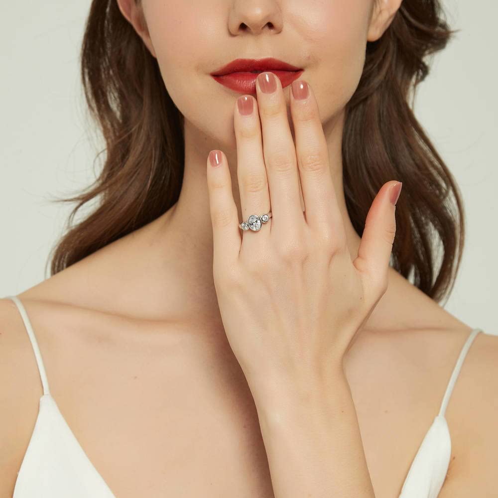 BERRICLE Sterling Silver 3-Stone Wedding Engagement Rings Oval Cut Cubic Zirconia CZ Anniversary Promise Ring for Women, Rhodium Plated Size 8
