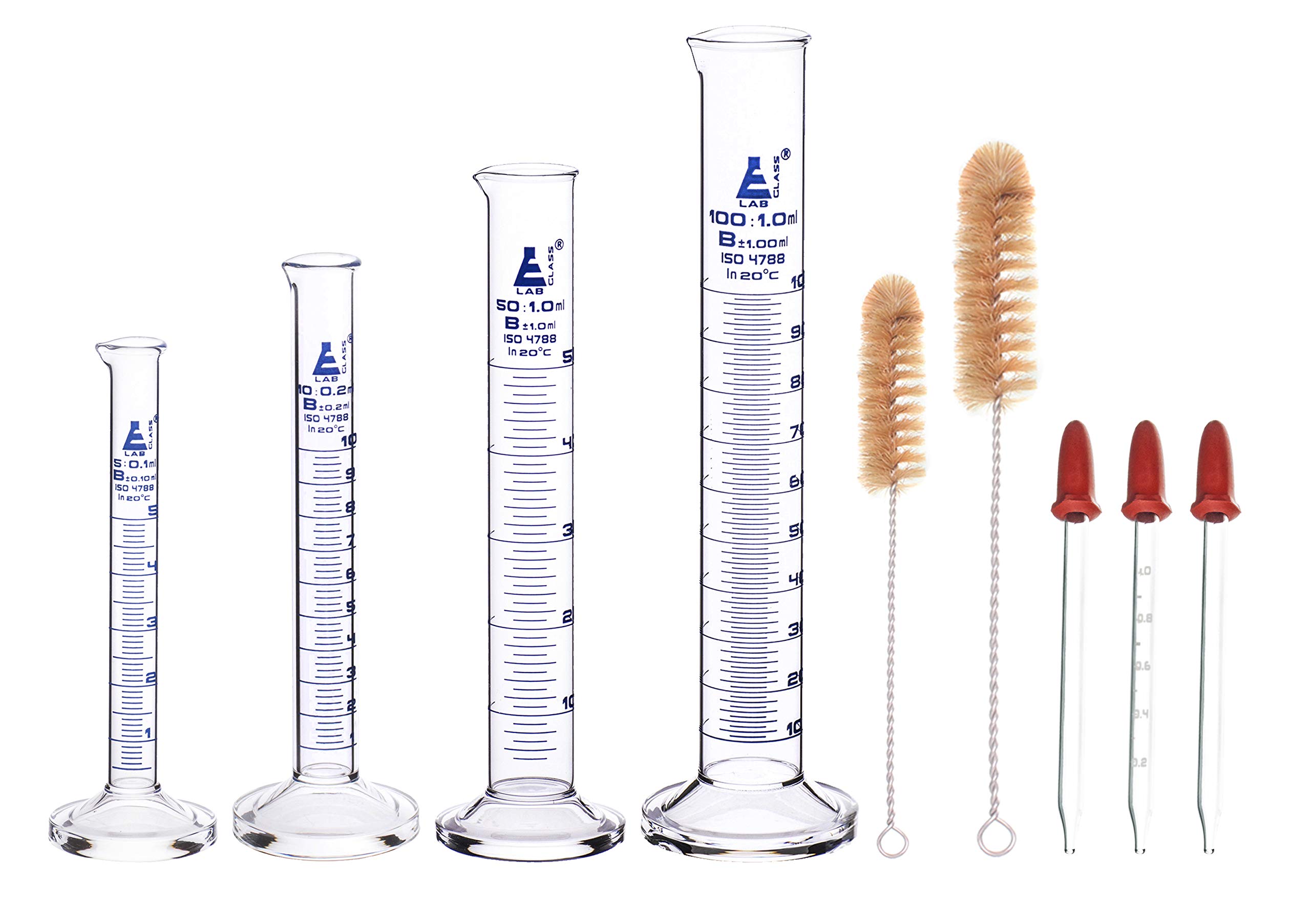 EISCO Graduated Cylinder Set, 9 Pieces - Class B - 5ml, 10ml, 50ml, 100ml Thick Borosilicate 3.3 Glass Cylinders, 3 Glass Droppers, 2 Cleaning Brushes