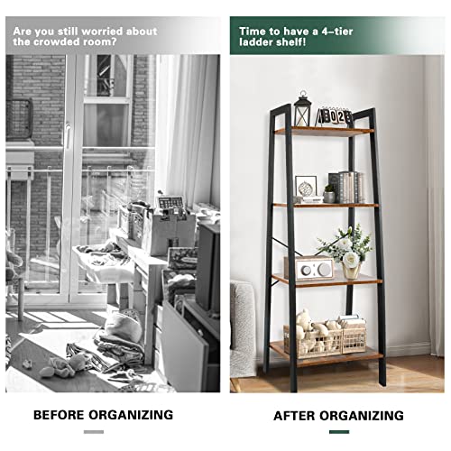 ECOMEX 4-Tier Ladder Shelf Industrial Bookshelf, Ladder Bookshelf Open Storage Rack Wood Ladder Shelf with Metal Frame, Freestanding Storage Shelves for Home Office, Bedroom (Rustic Brown)