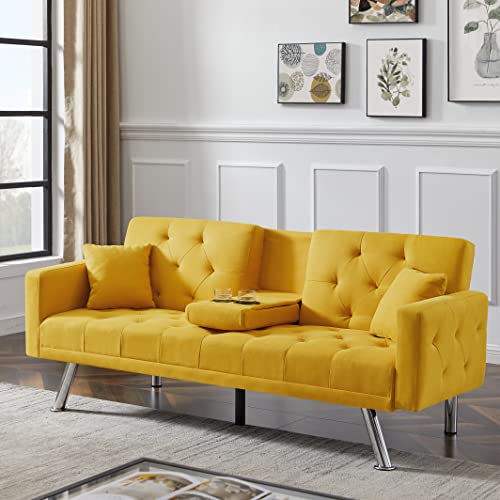 Eafurn Linen Fabric Futon Bed, Button Tufted Folding Recliner Sleeper Reversible Loveseat Convertible Daybed with 2 Cup Holders,75.59" W Small Splitback Sofa & Couches for Living Room, C-Yellow