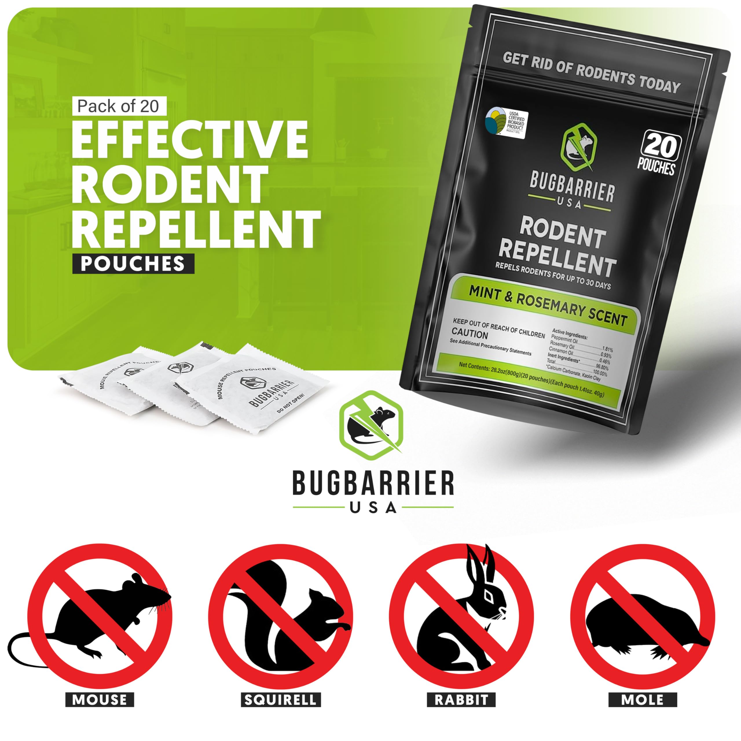 BugBarrier's Extra-Strength Mouse Repellent Pouches, USDA 99% Biobased, Peppermint & Rosemary Oils Repel Mice Nesting & Freshen Air in Car, RV, Boat, Garage, Shed, Cabin Made in The USA (Pack of 20)