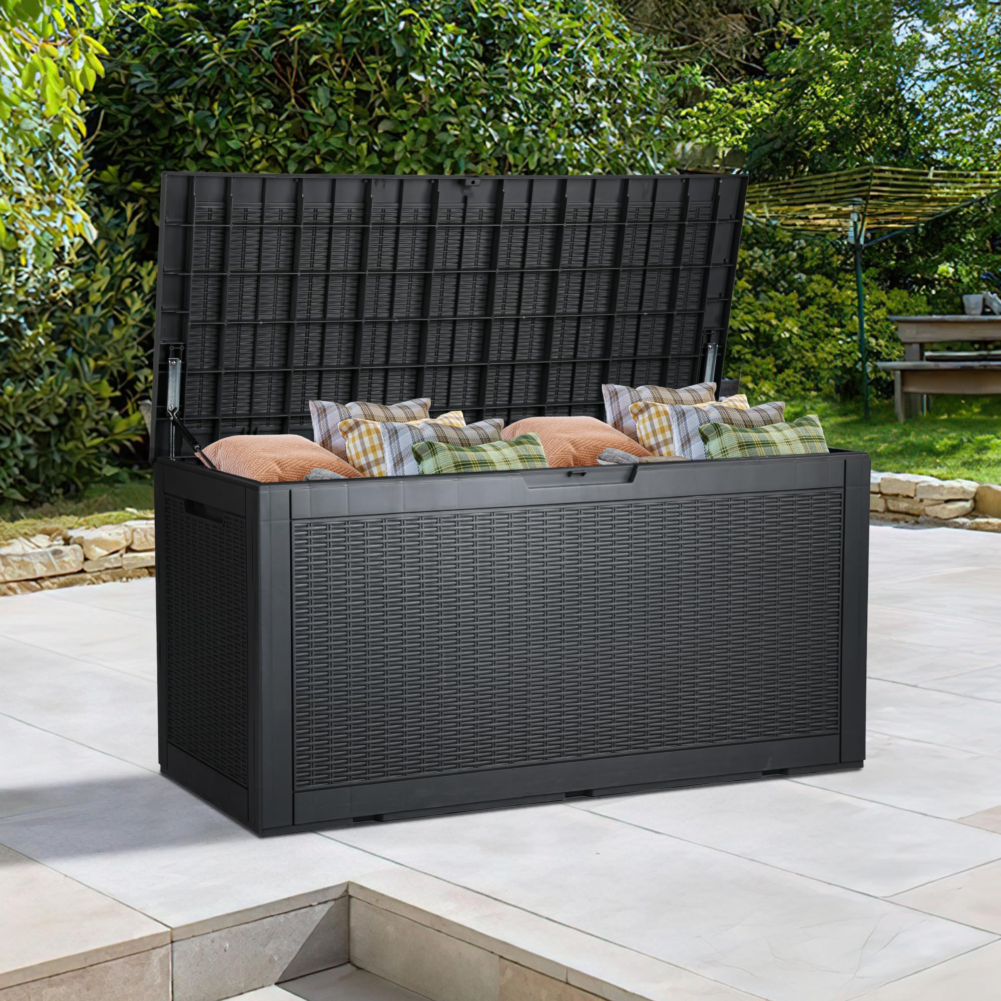 DWVO 100 Gallon Outdoor Storage Box, Large Deck Box Lockable Waterproof and UV Resistant Resin for Gardening Tools, Pool Supplies, Patio Cushions (Black)