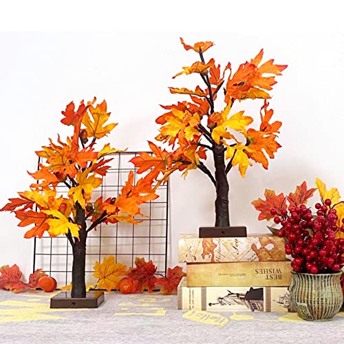 Efunly 2 Pack Fall Maple Tree with 48 LEDs Battery Operated Light Up Artificial Pumpkins Maple Acorn Tree for Fall Thanksgiving Table Harvest Home Indoor Decoration
