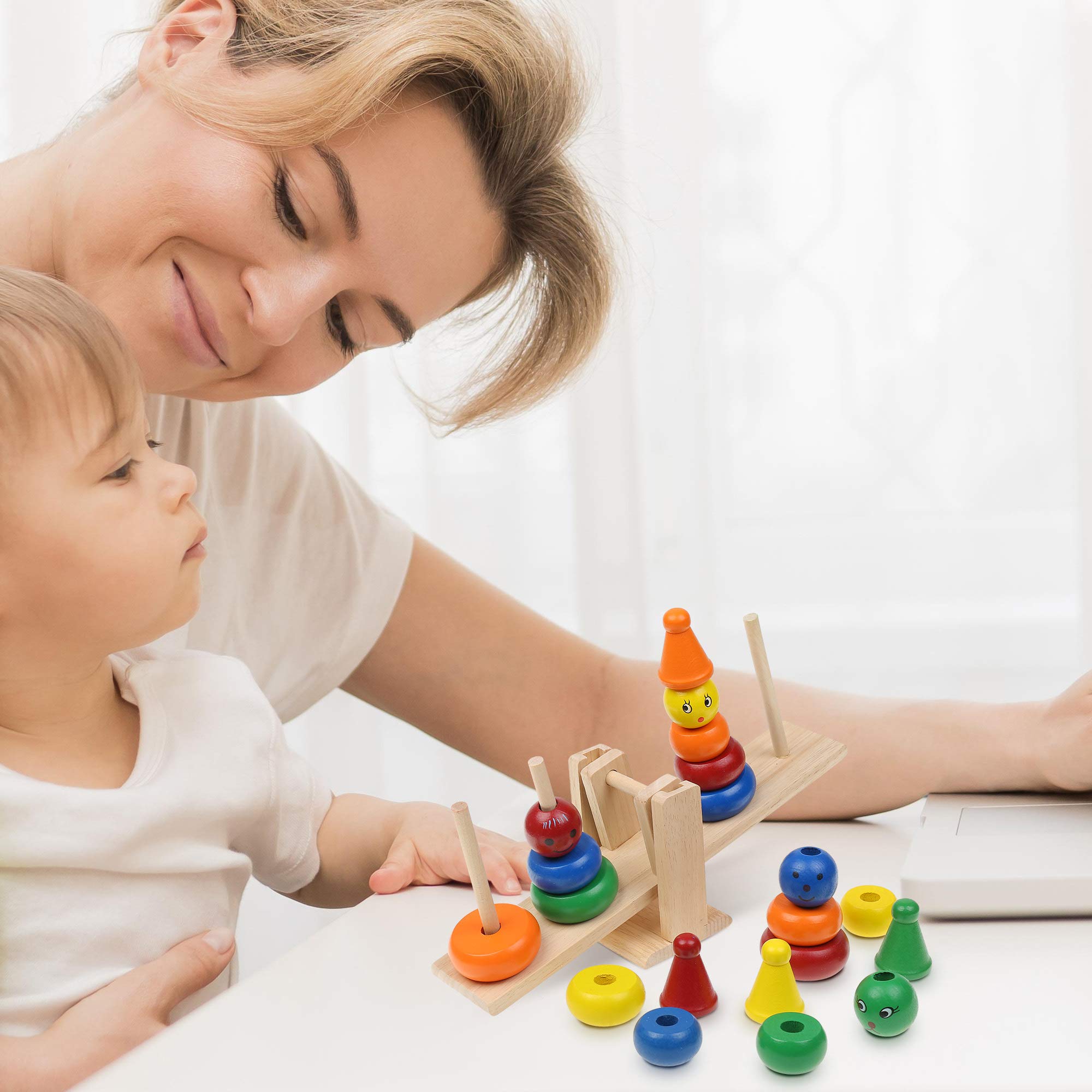 Boxiki kids Wooden Clown Stacking Toy Stack High to Learn and Play. Kids Toys Rainbow Stacking Blocks Ring Tower. A Fun Wooden Ring Stacking Toy for Kids 3 and Up.