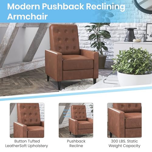 Flash Furniture Erza LeatherSoft Button Tufted Pushback Recliner, Mid-Century Modern Recliner Chair for Residential and Commercial Use, Cognac Brown