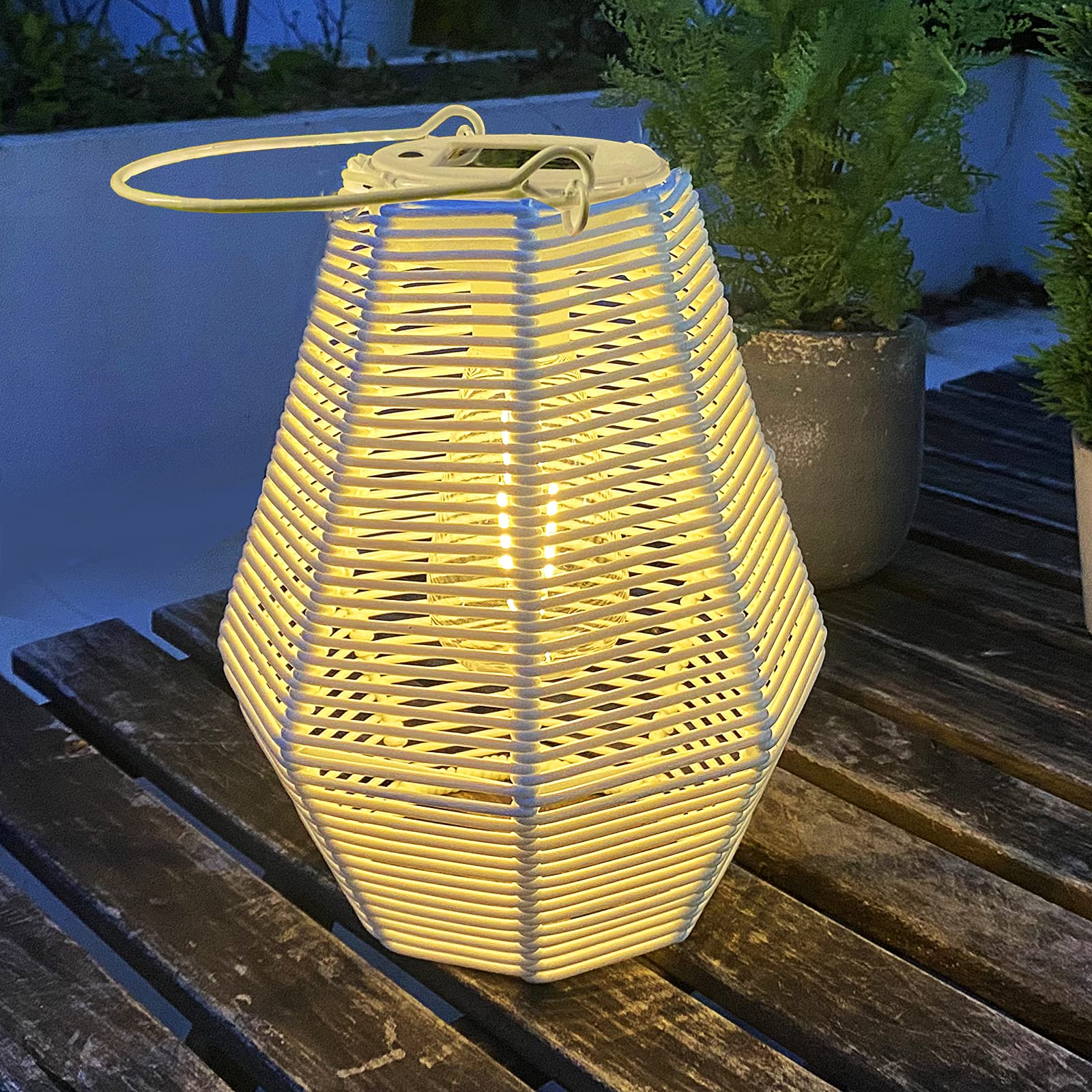 Rattan Outdoor Solar Lantern - Waterproof Hanging Table Solar Lanterns - White Woven Decorative Solar Lamp Lights with Handle for Patio Yard Garden Decoration (Edison Bulb)