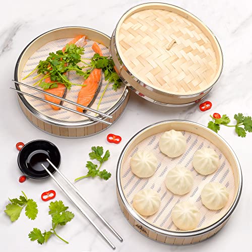 CrownSpire - bamboo steamer 10 inch - bamboo steamer basket - for vegetables + sea food + dumpling cutter + Stainless Steel chopsticks - adapter ring - reusable silicone liners - rolling pin