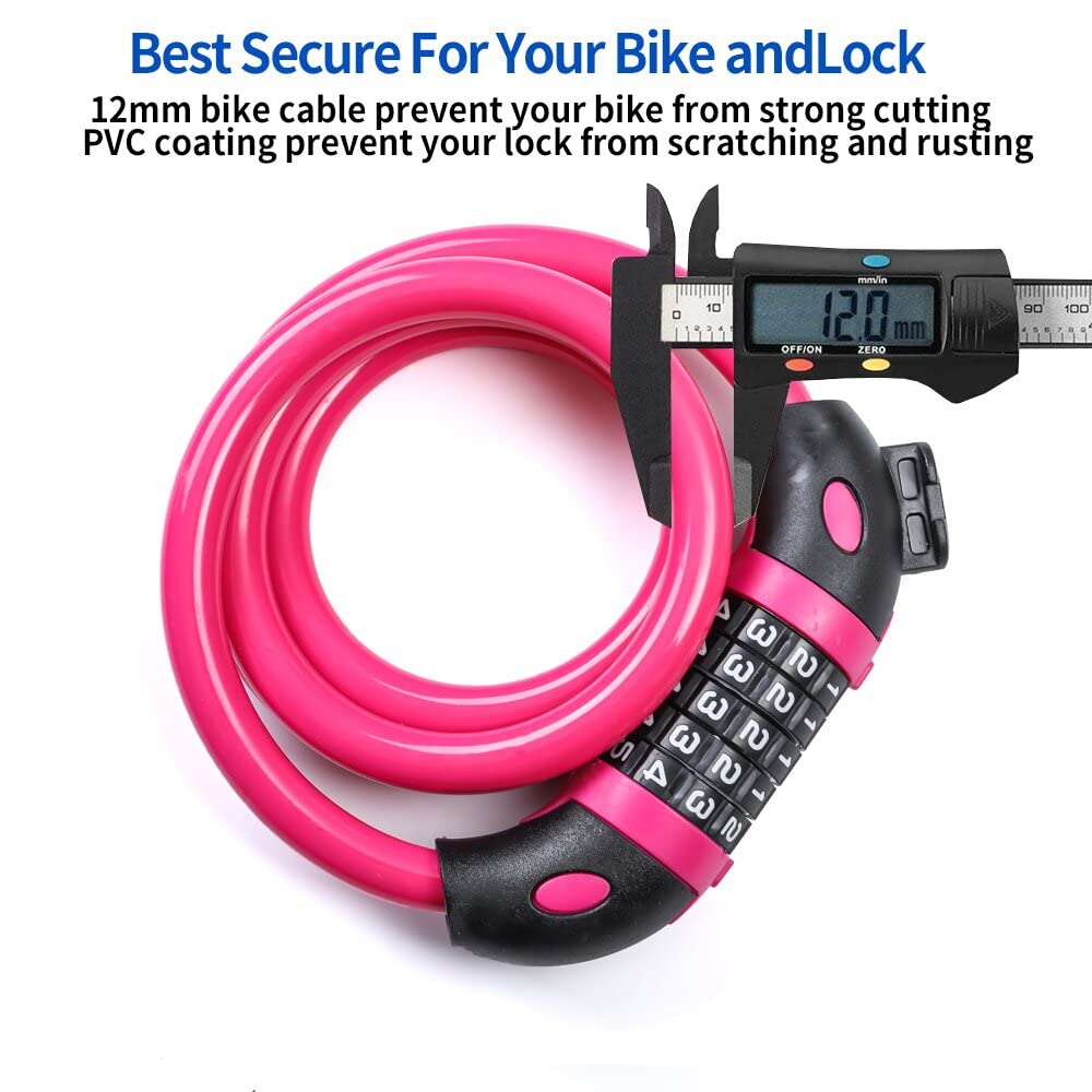Bike Lock, Bike Cable Locks, Bike Combination Lock, with mounting Bracket,4 Feet Coiled Secure Resettable Combination Bike Bicycle Lock ,1/2 Inch Diameter (pink)