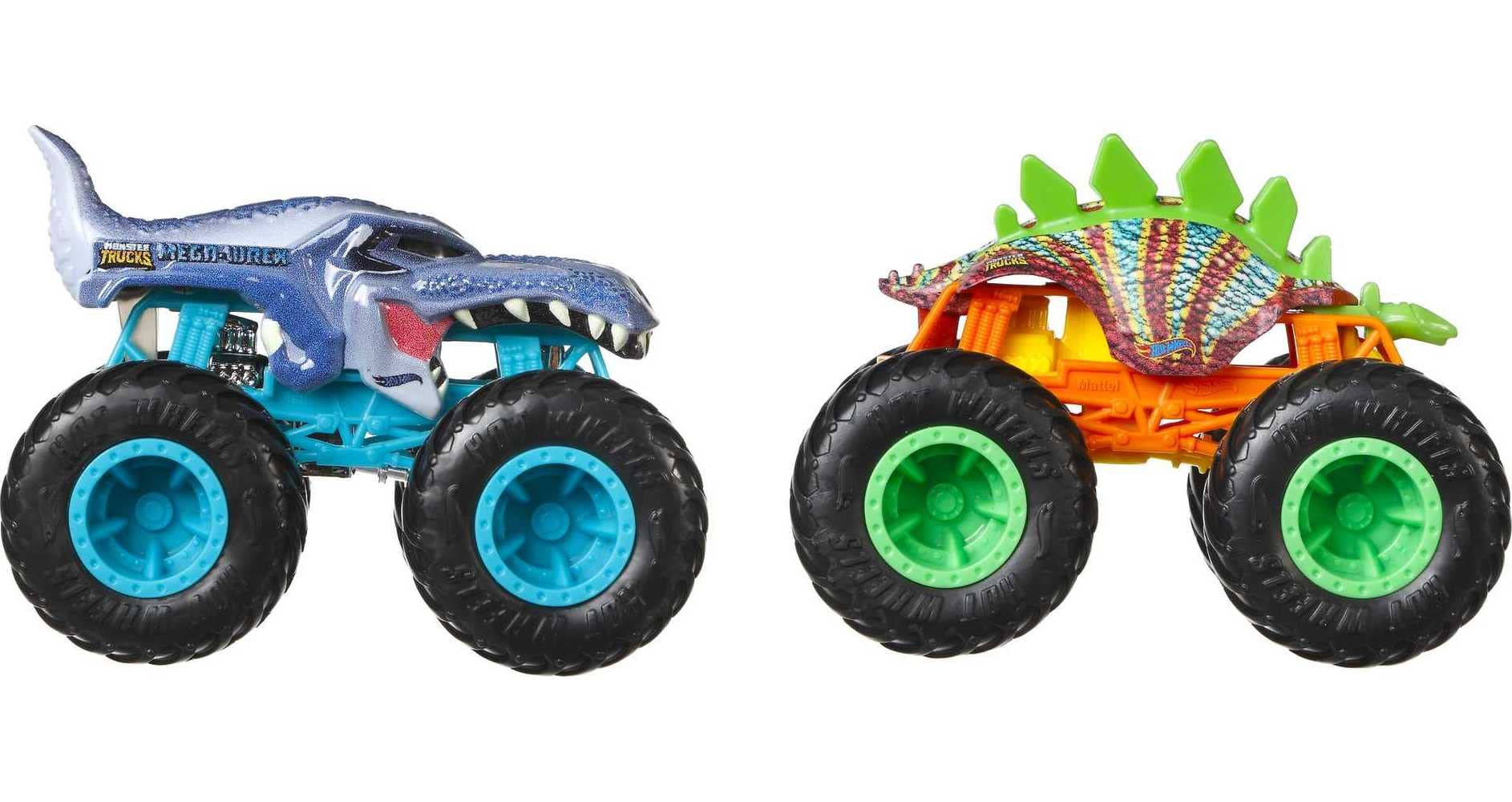 Hot Wheels Monster Trucks 1:64 Scale Dino 2-Pack, Set with Motosaurus & Mega-Wrex, Toy for Kids & Collectors