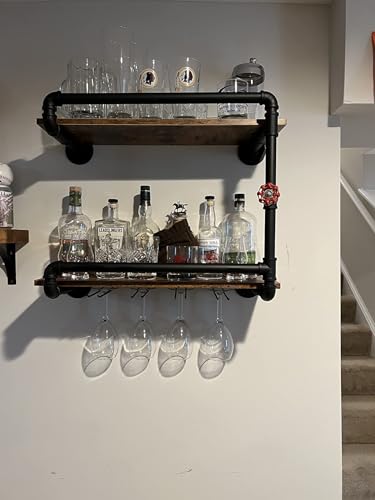 BOTAOYIYI Wine Rack Wall Mounted 2 Tier, Hanging Floating Small Mini Bar Liquor Shelves with Glass Holder Storage Under, Industrial Rustic Pipe Farmhouse Kitchen Decor Black(23.6x10.6x19.7)