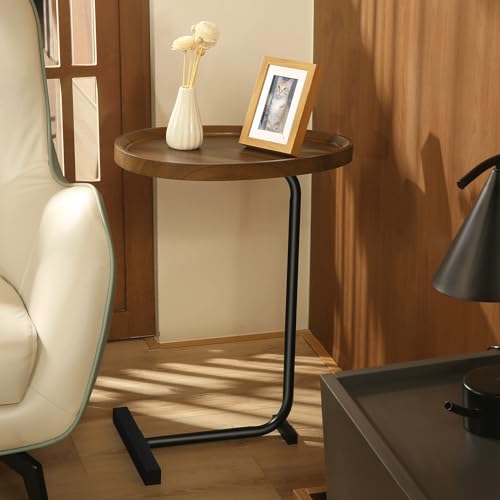 Eansstofars Small Side Table for Small Spaces, Narrow C Shaped End Table for Sofa Couch and Bed, Walnut and Black, Perfect for Indoor, Living Room, Bedroom, Bathroom