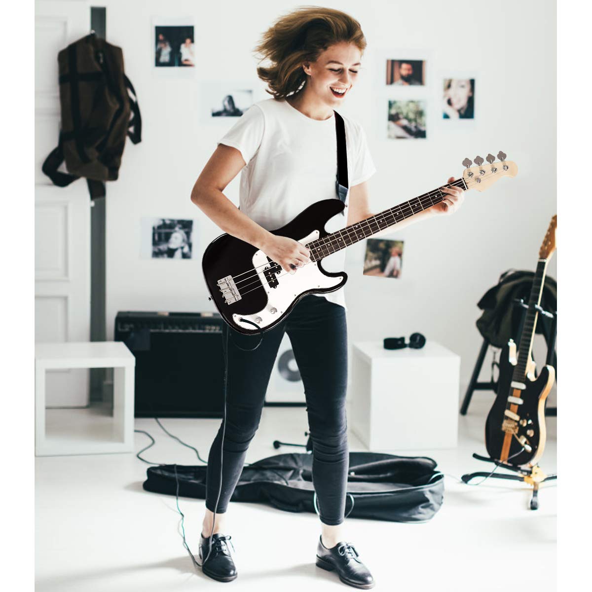 Goplus Electric Bass Guitar Full Size 4 String with Strap Guitar Bag Amp Cord (Black Bass 4 Straps)