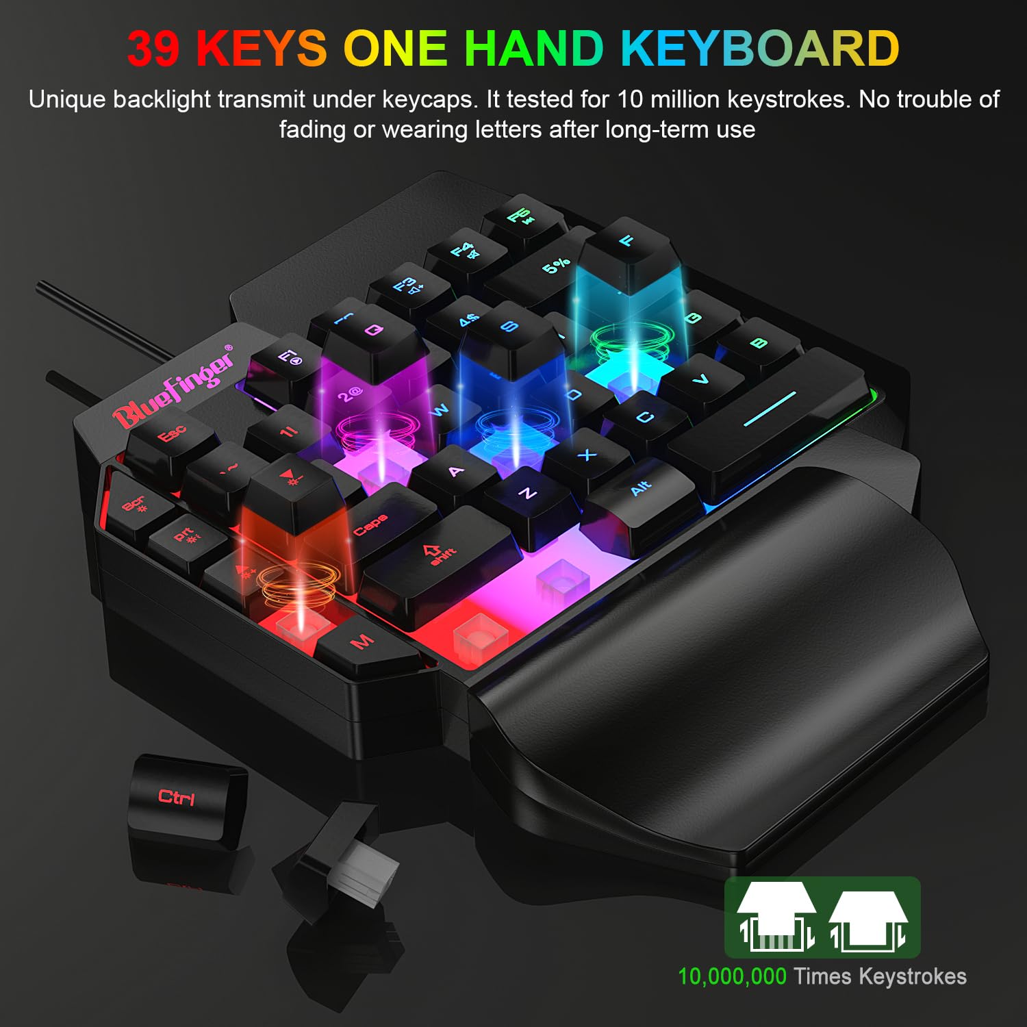 BlueFinger RGB One Hand Mechanical Gaming Keyboard and Backlit Mouse Combo,USB Wired Rainbow Letters Glow Single Hand Mechanical Keyboard with Wrist Rest Support, Gaming Keyboard Set for Game