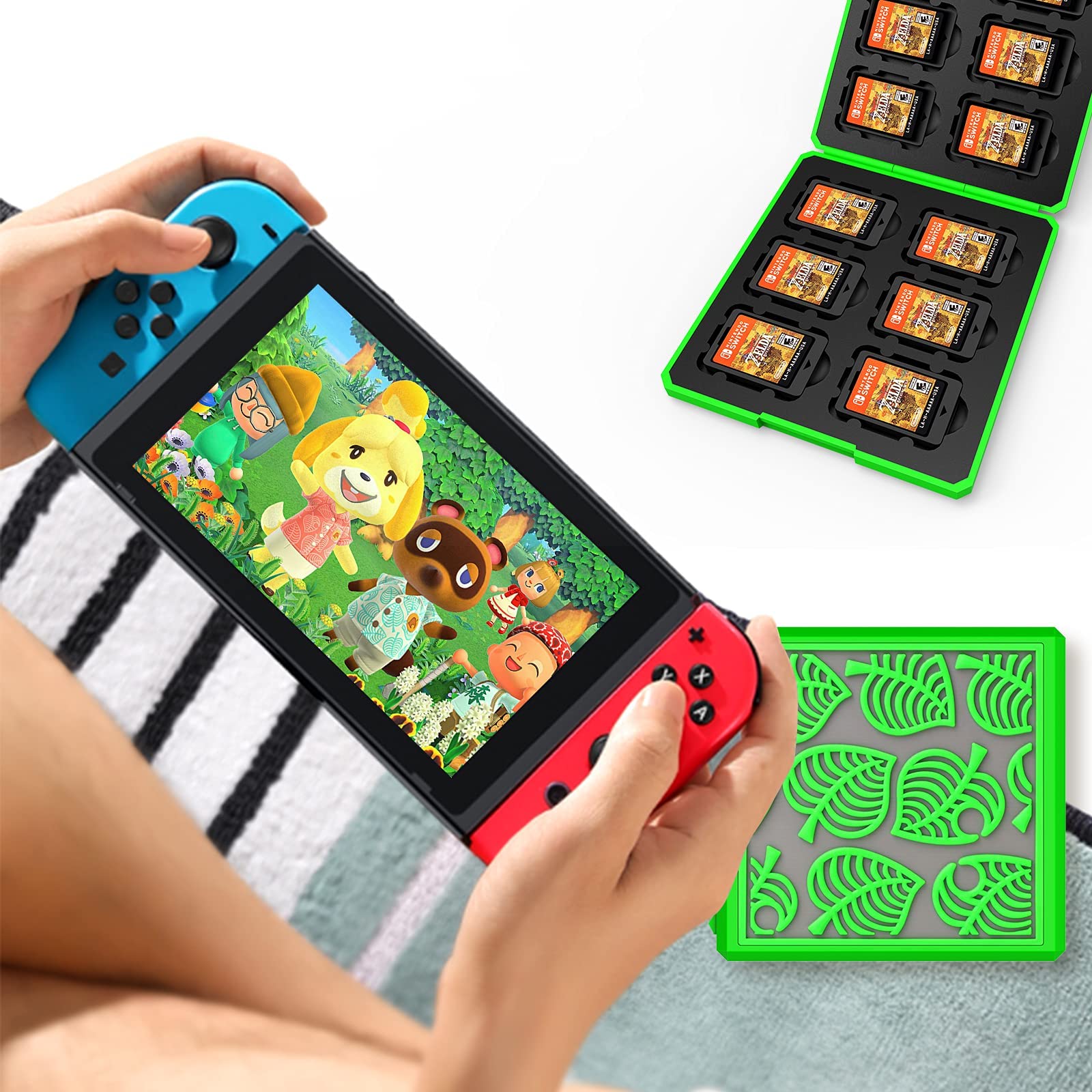 UFOPETIE Card Case for Nintendo Switch Game Card,Compatible with Nintendo Switch Case Animal Crossing Theme,Game Case for Animal Crossing Cards,for Switch Accessories-Leaf Grey-Thumb Grip 2PCS