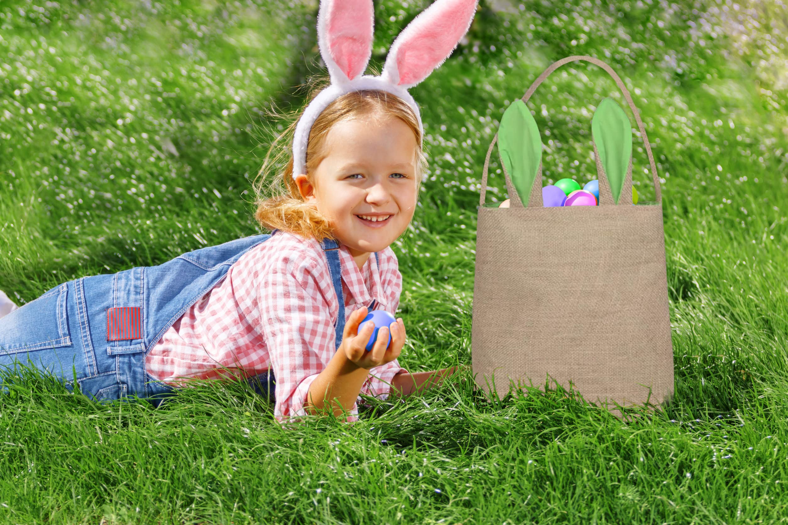 Green Easter Baskets For Kids - Easter Bags with Handles - Large Easter Baskets for Kids Empty - Easter Bunny Bag for Girls or Boys - Burlap Easter Bunny Ear Bag by Jolly Jon