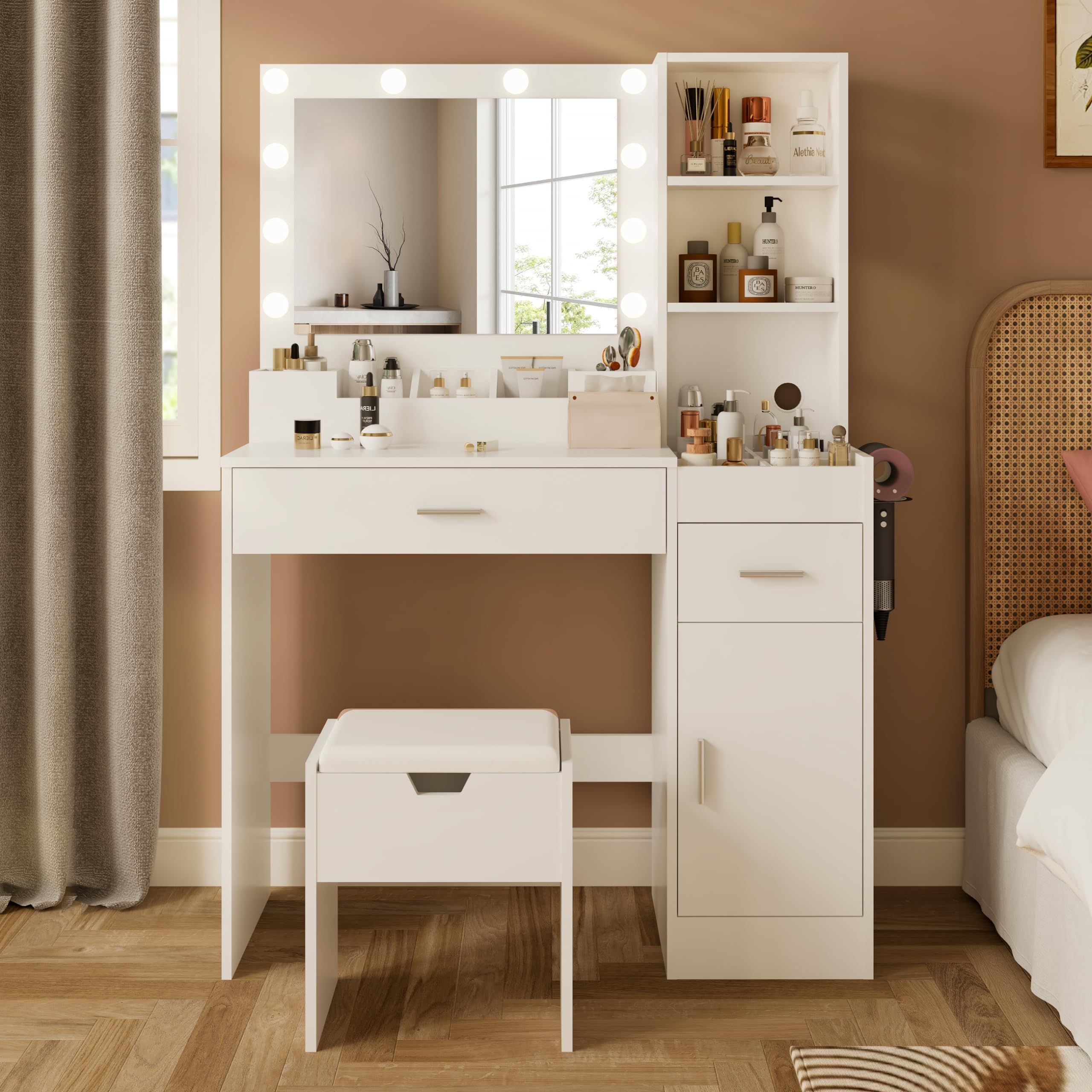 HAIOOU Vanity Desk with Mirror and Lights, White Makeup Vanity with Charging Station, Modern Dressing Table Chair Set with 2 Storage Drawers, 3 Lighting Modes Adjustable Brightness for Bedroom