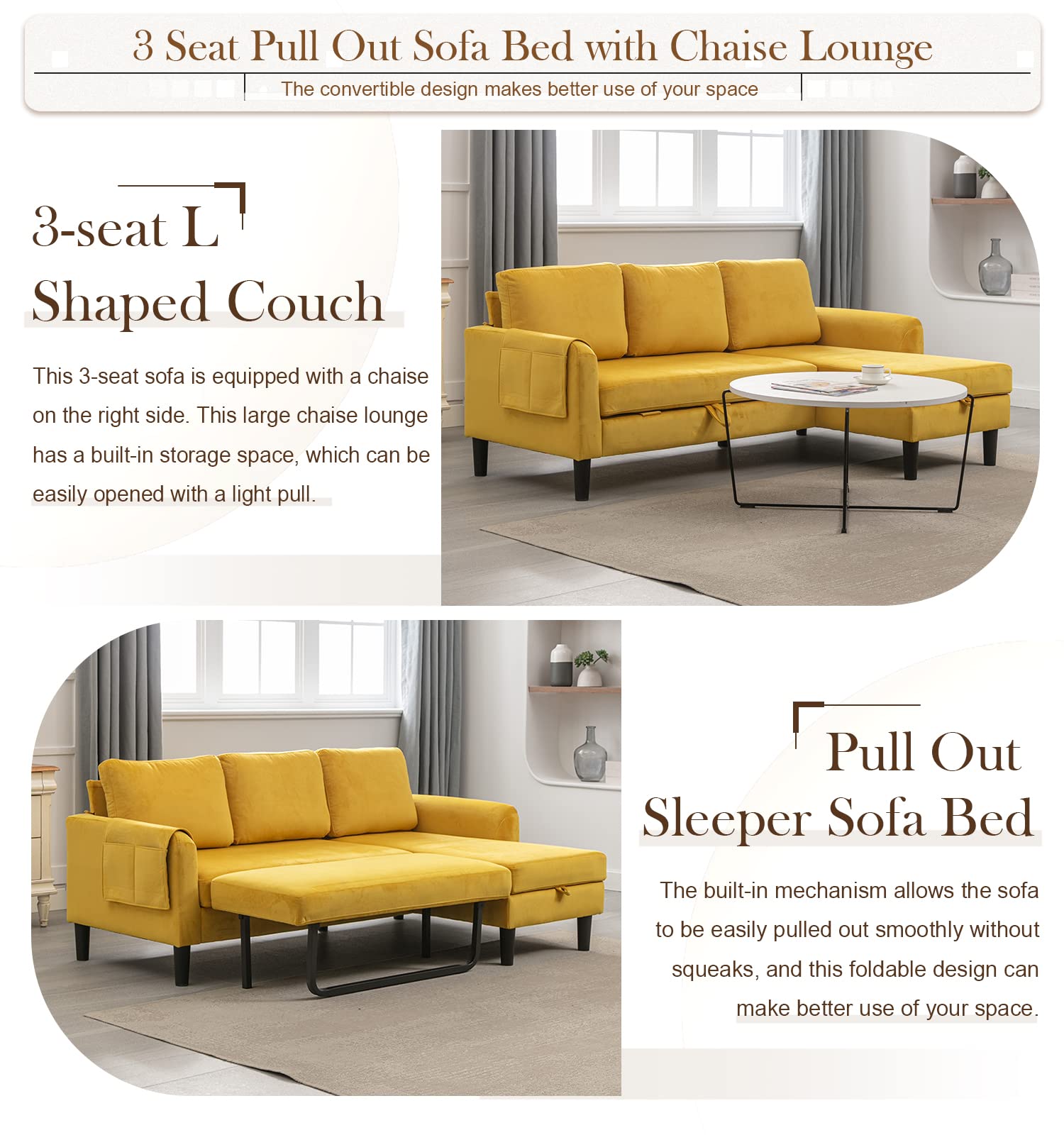 Modern Velvet Pull Out Sleeper Sofa Bed with Chaise, Comfy L Shaped Convertible Sleeper Couch with Storage and Pocket, Sectional 3 Seat Couch for Living Room Furniture or Office, Smooth Back - Yellow
