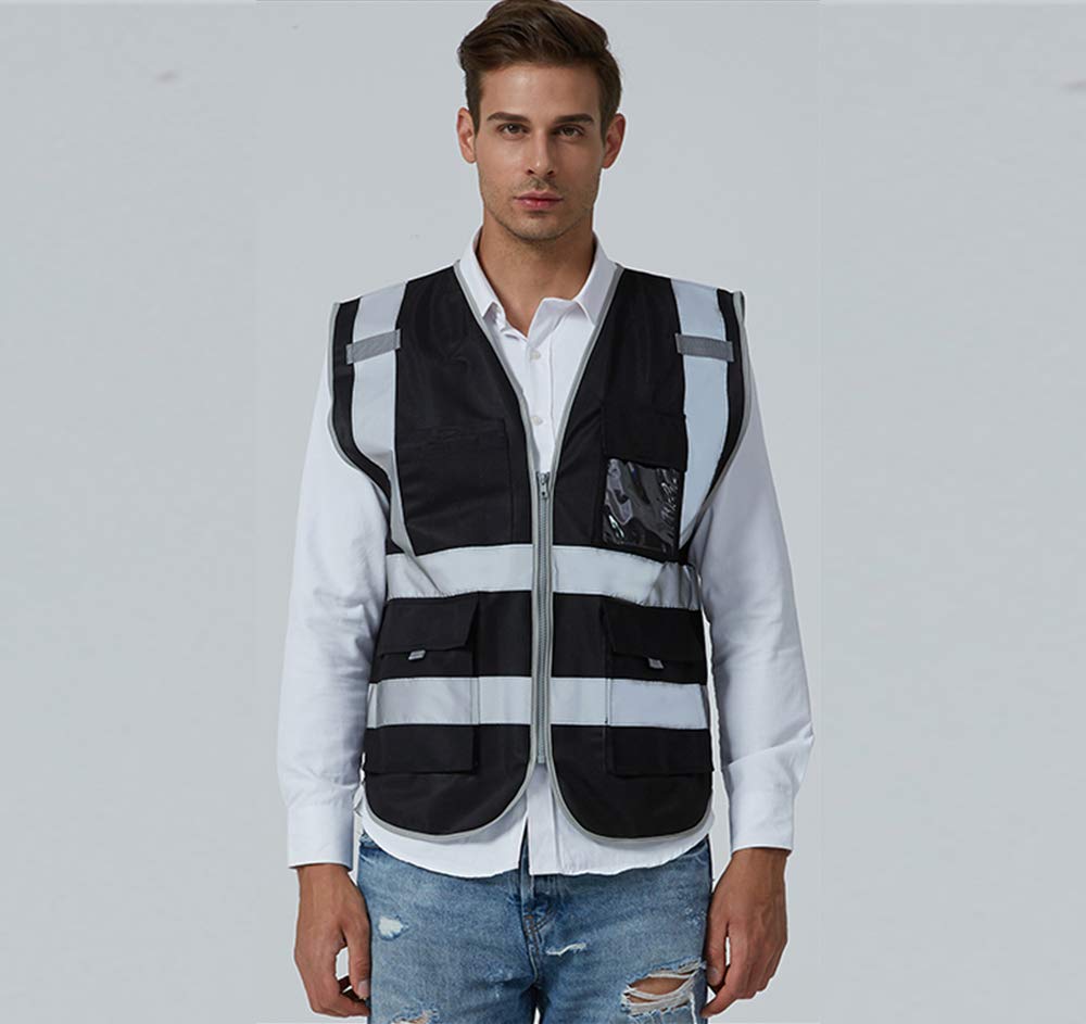 Black Safety Vest Reflective With Pocket And Zipper Construction Vest With Reflective Stripes Hi Vis Workwear(Black, M)