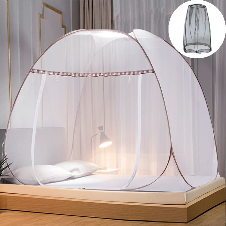 Fancylovesotio Mosquito Netting for Bed with Mosquito Head Net Mesh, Travel Portable Folding Bed Net Tend with Bottom for Twin and King Size Home Outdoor Brown,1.0M