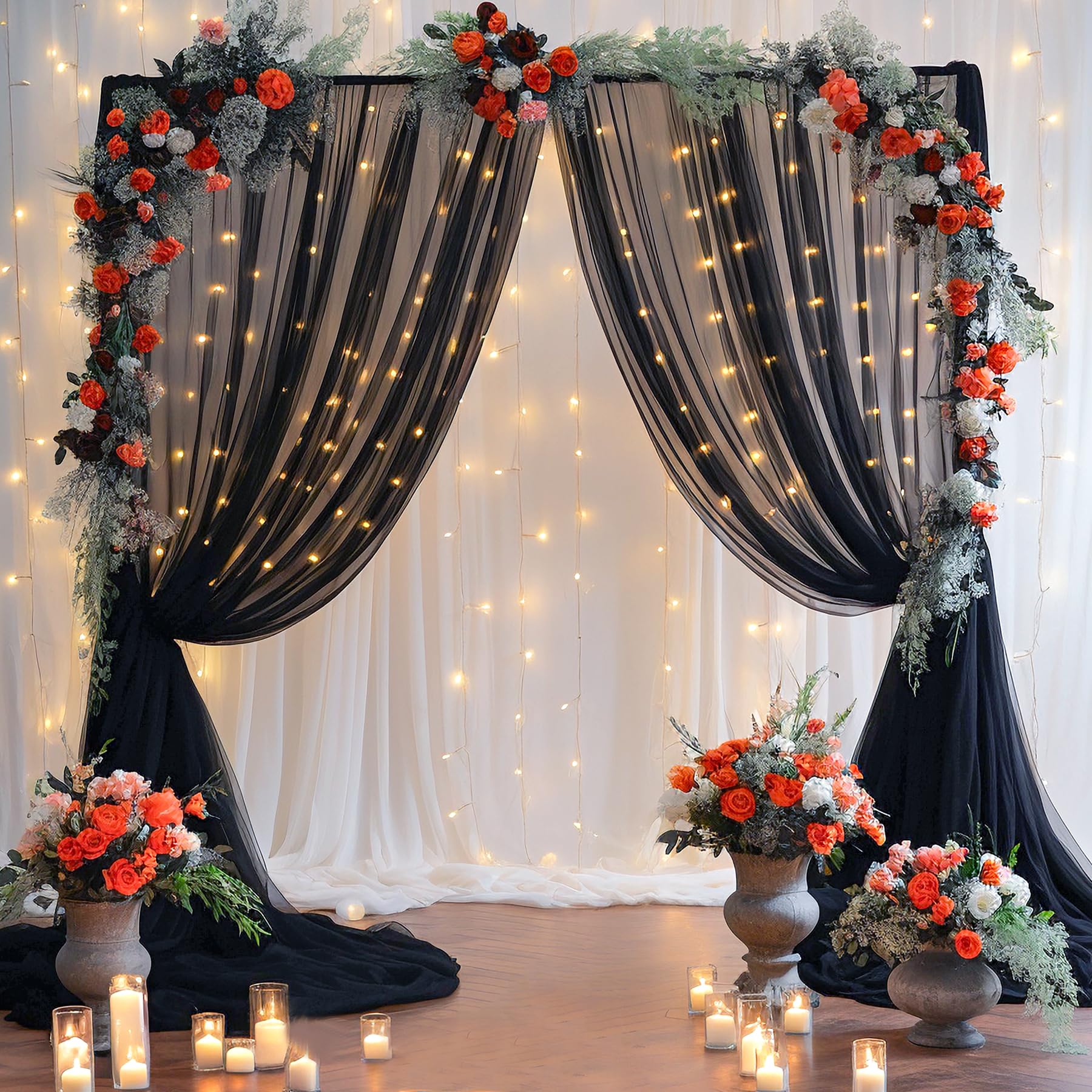 Black Sheer Backdrop Curtains with Lights String for Birthday Party 10ft × 8ft Black Tulle Backdrop Curtain for Baby Shower Halloween Photo Shoot Decorations