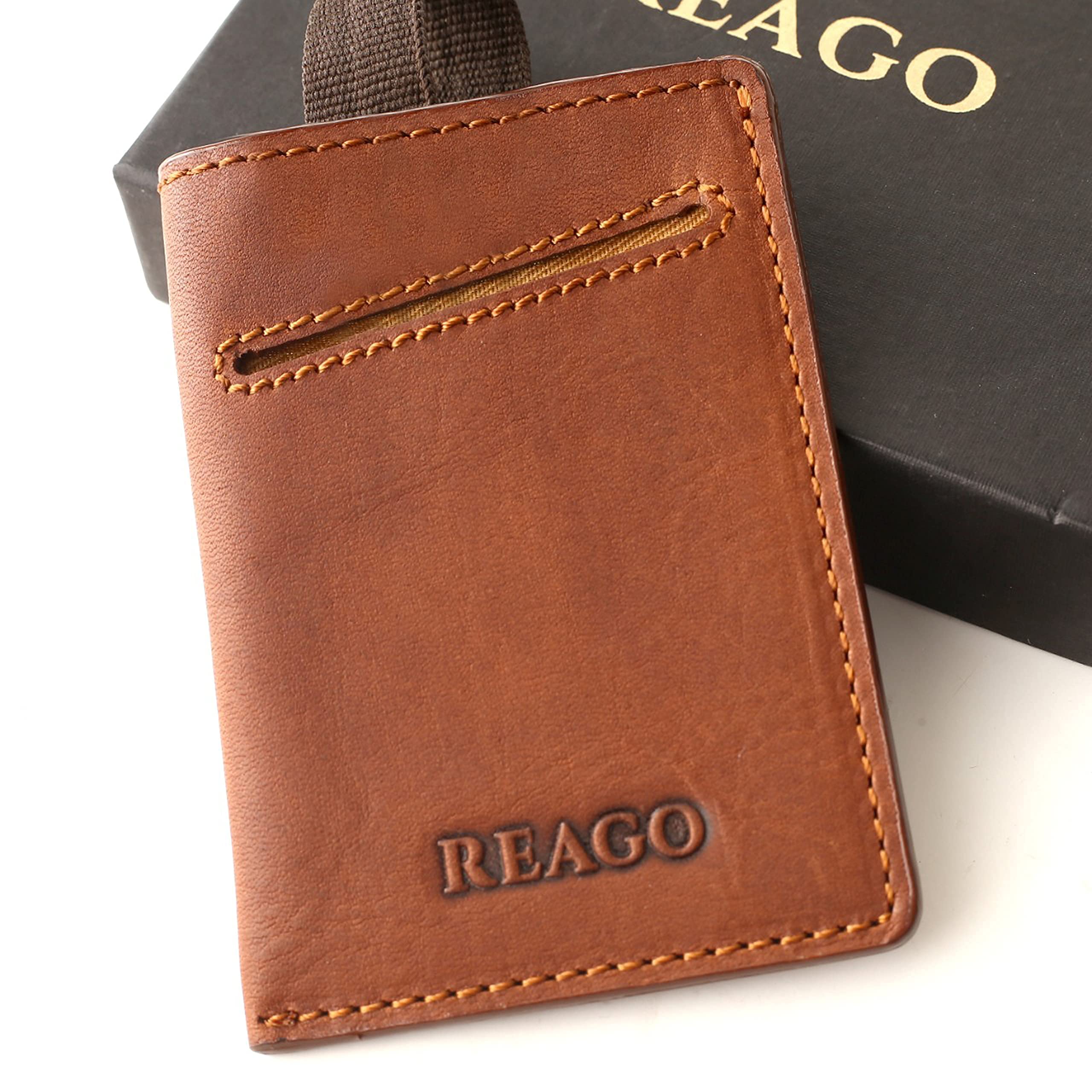 REAGO Handcrafted Front Pocket RFID Crazy Horse Leather Wallet for Men Women, Credit Card Holder, Strong Stitching, Slip Pocket, Slim Minimalist Wallet