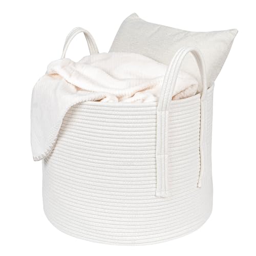 CubesLand Laundry Basket,Laundry Hamper Basket Bin for Laundry,Blanket Basket,Woven Rope Clothes Hamper,Blanket Basket for Living Room,Durable Soft Large Bin Basket with Handle,Round 58L Off White