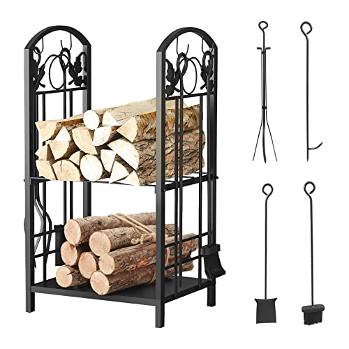 DAWNSPACES Firewood Rack with Fireplace Tools, 30 Inch 2-Tier Outdoor Log Rack Wood Holder Storage, Patio Log Stand, Heavy Duty Log Storage Bin Indoor for Fireplace with Leaves Pattern, Black