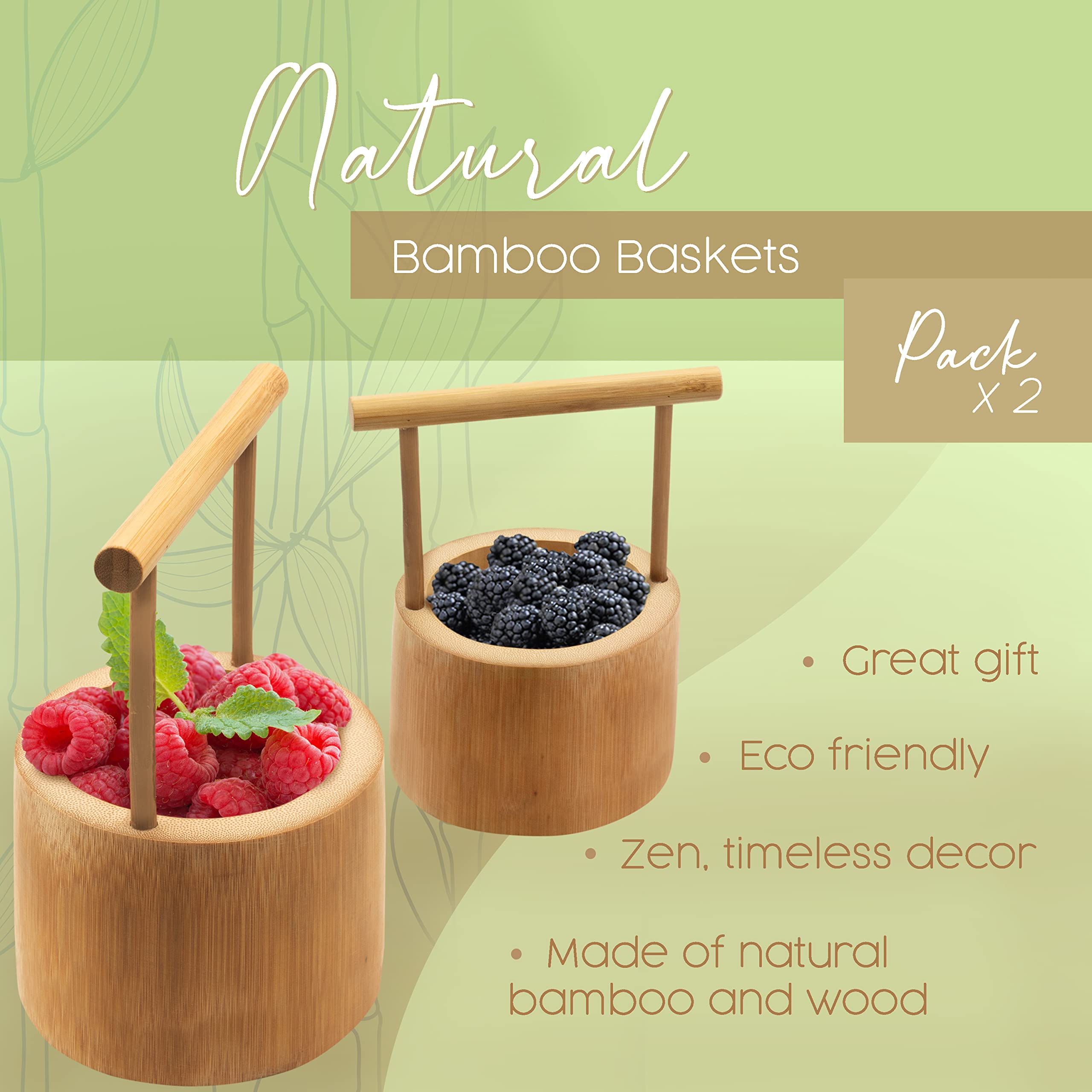Bamboo Baskets With Wooden Handle - 2 Pieces | Small Decorative Wood Bowls For Snacks Fruit Basket And Berry Basket | gift baskets empty | Zen Decor Basket, Flower Girl Basket