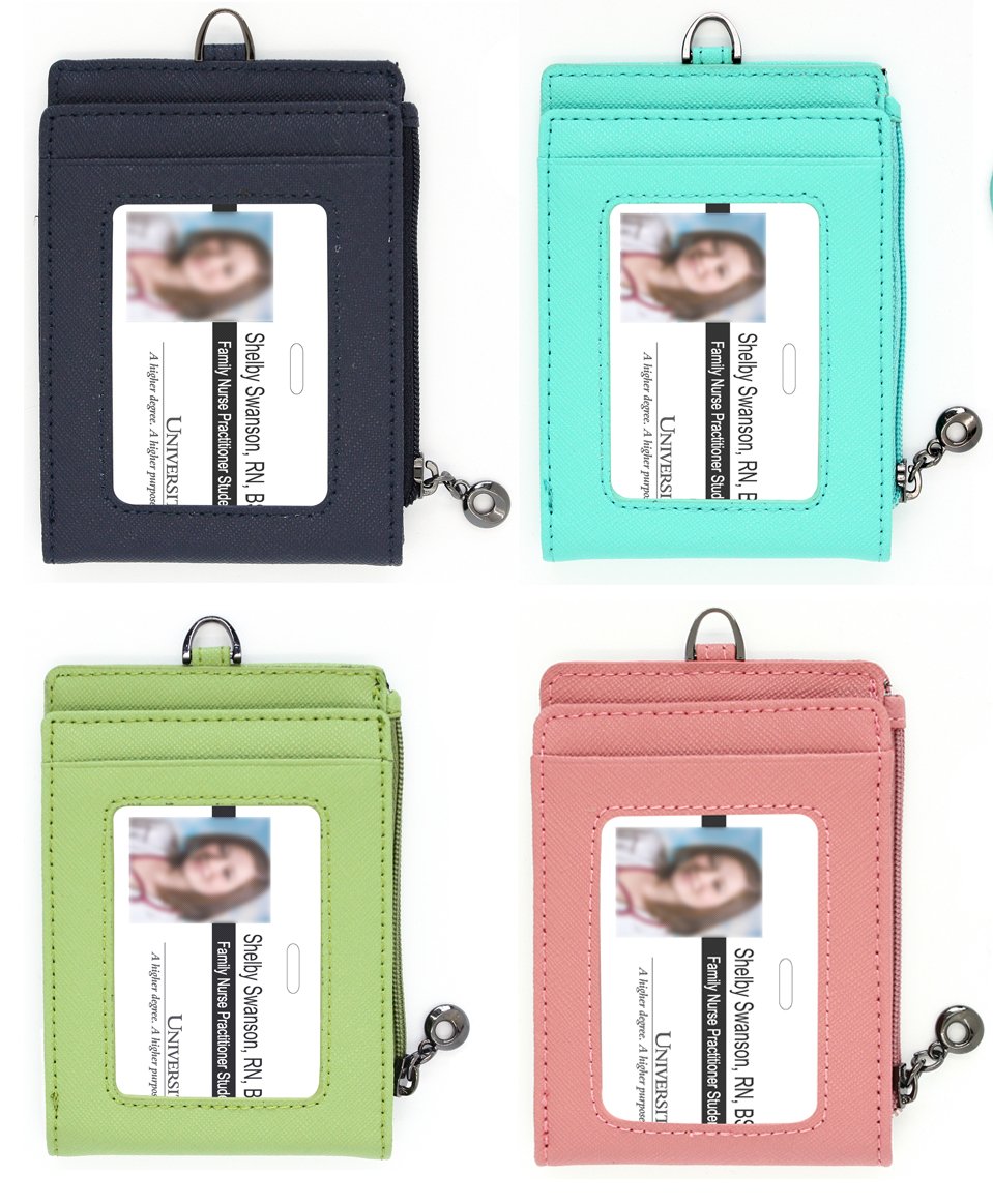ID Window Card Badge Holder Leather Wallet Zip Neck Detachable Strap Landyard Money