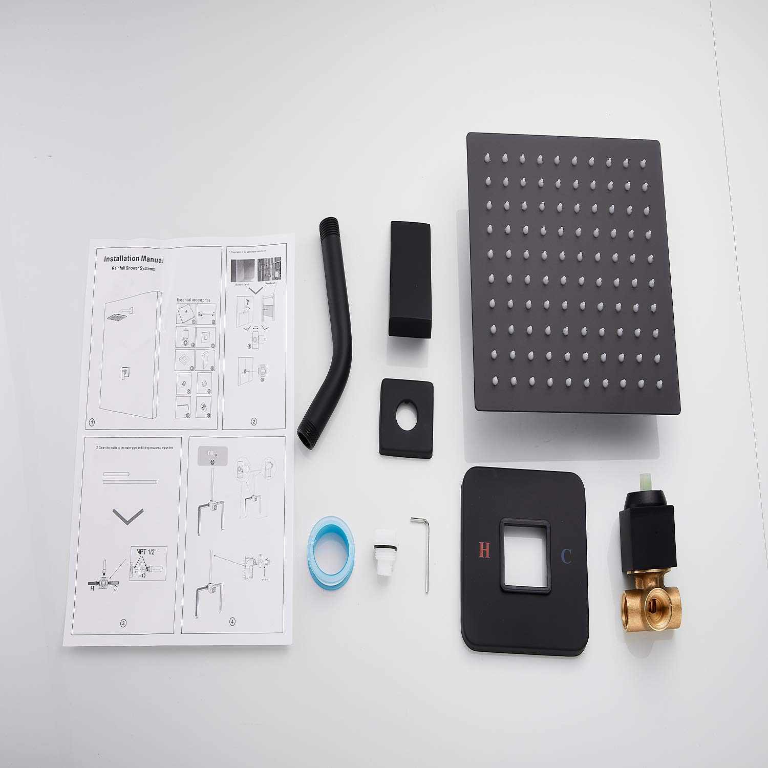 Black Shower Faucet GGStudy Single Function Shower Trim Kit with Rough-in Valve Shower Set Bath Rainfall Shower Faucet System 8inch Square Stainless Steel Metal Shower Head