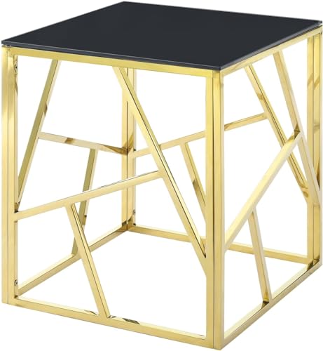 Black Side Table Small End Table with Mirrored Stainless Steel Metal Base, Square Tempered Glass End Table with Storage Modern Side Table, Living Room End Table Narrow Long Side Table Night Stand