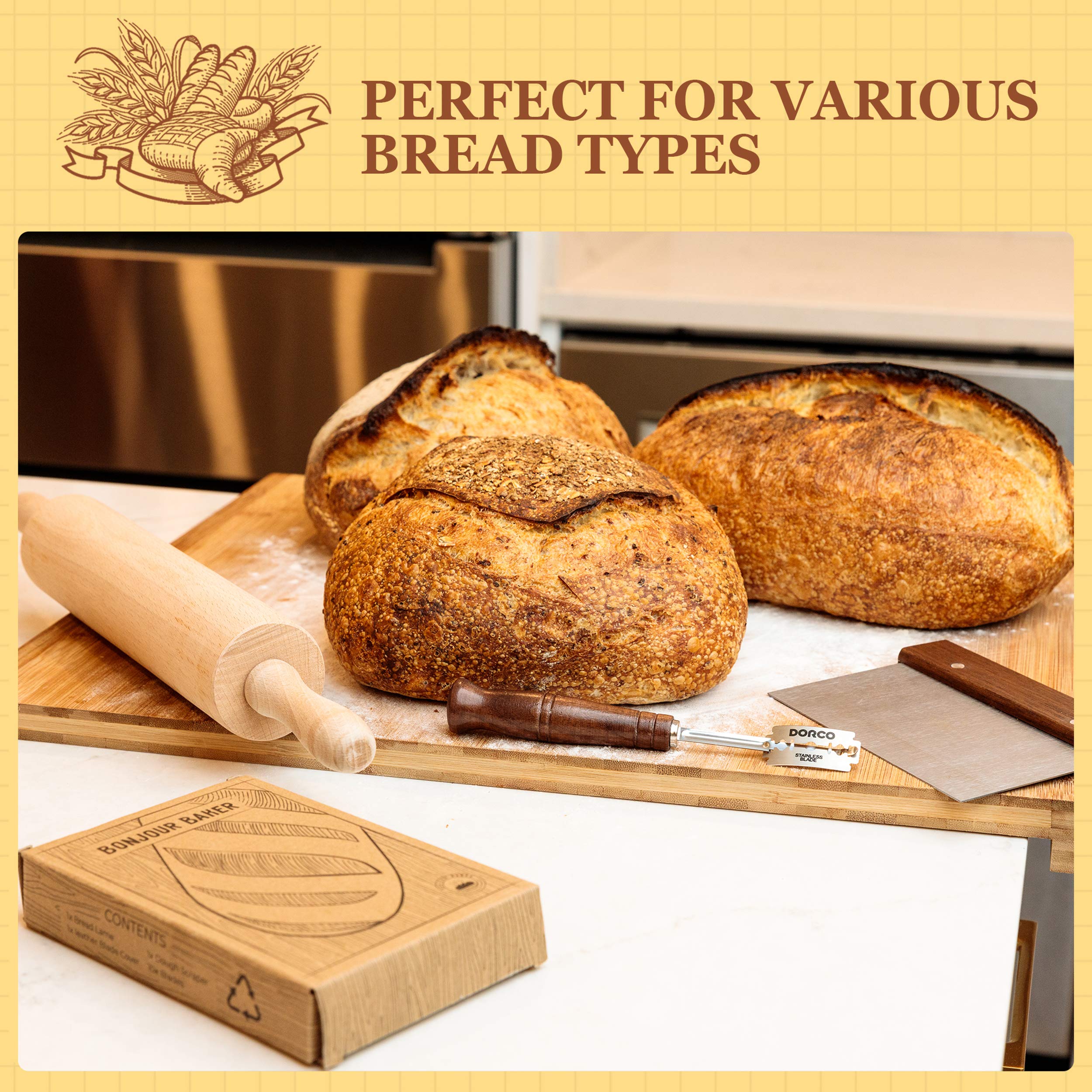 BonjourBaker Bread Lame Scoring Knife | Bread Dough Scoring Tool + Bonus Bread Making Scraper | Lame Bread Tool Baking Kit w/Spare Blades | Bread Razor Lame with Bread Making Accessories for Baking