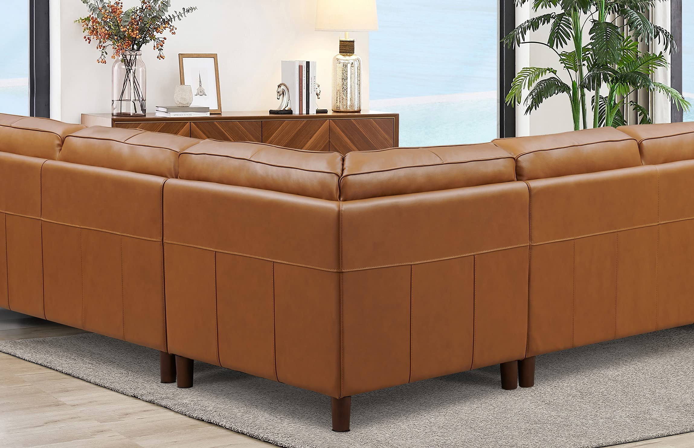 Hydeline Bella Top Grain Leather Sectional (L-Shape, Cognac), Feather Down, Memory Foam and Springs Seating