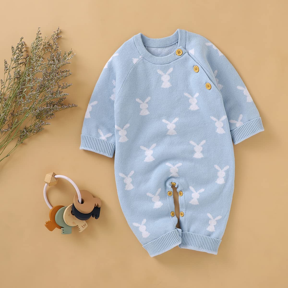 DuAnyozu Baby Girl Boy Easter Outfit Bunny Onesie Knitted Sweater Romper Long Sleeve Jumpsuit Cute Rabbit Clothes (A Bunny Onesie-Blue,3-6 Months)