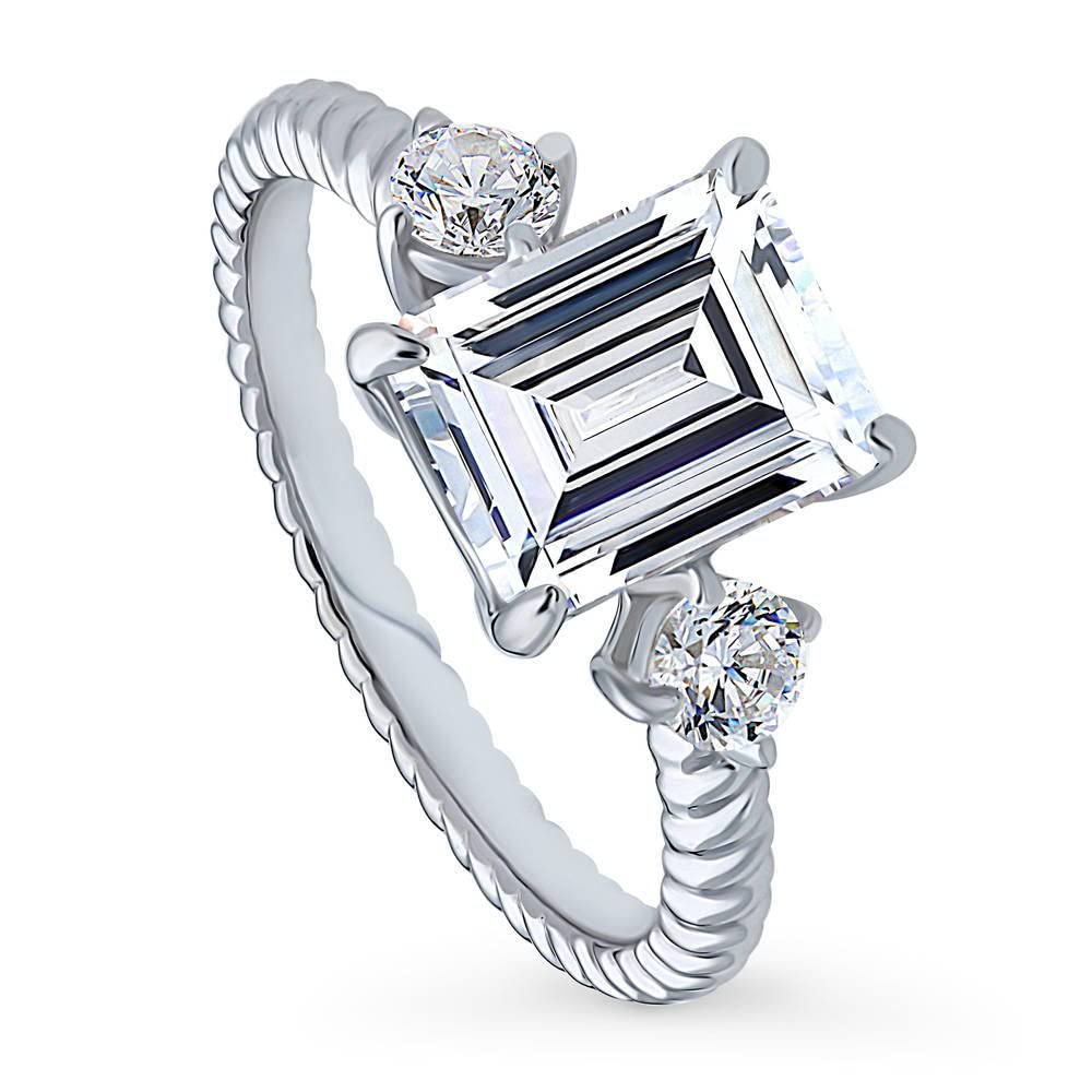 BERRICLE Sterling Silver 3-Stone Wedding Engagement Rings Emerald Cut Cubic Zirconia CZ Woven Ring for Women, Rhodium Plated Size 7