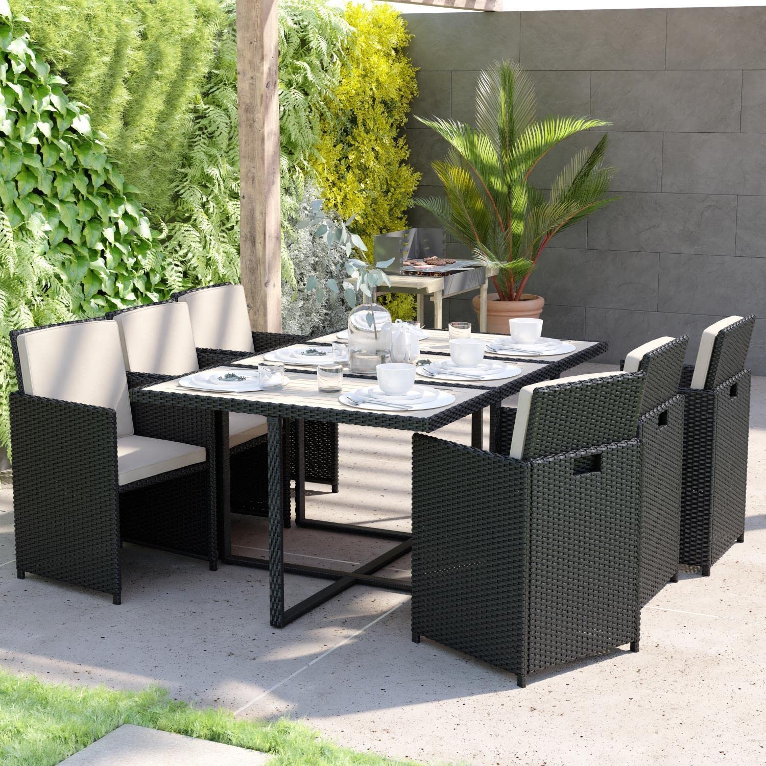 Flash Furniture Peregrine 7 Piece Outdoor Patio Dining Set - Space Saving Black Wicker Modular Chairs & Cream Cushions-Gray Finish Acacia Wood Table-Seating for 6
